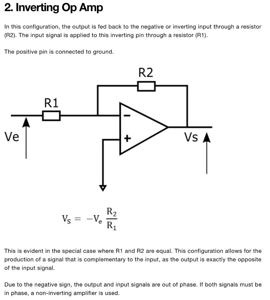 2. Inverting Op Amp In this configuration, the output is fed back to the negative or inverting ...