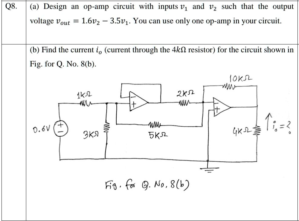 SOLVED: Q8. Design an op-amp circuit with inputs V1 and V2 such that the output voltage Vout = 1 ...