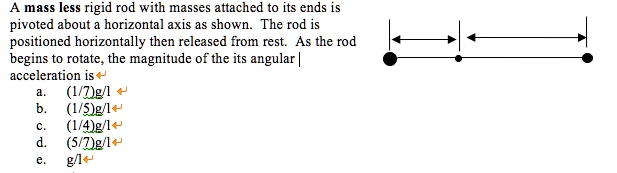 A mass less rigid rod with masses attached to its ends is pivoted about ...