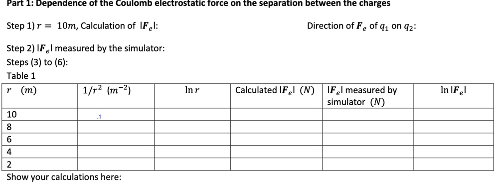SOLVED: Part 1: Dependence of the Coulomb electrostatic force on the ...