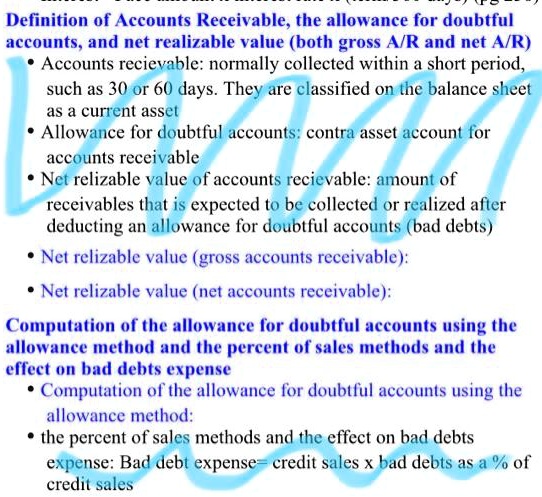 SOLVED: Definition of Accounts Receivable, the allowance for doubtful ...