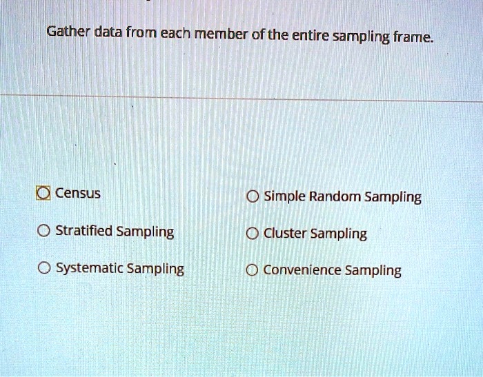 SOLVED: Gather data from each member of the entire sampling frame ...