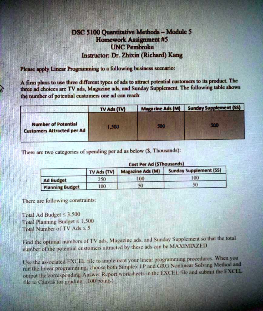 DSC 5IC Quantitative Methods - Module 5 Homework Assignment #5 UNC Pembroke Instructor: Dr ...