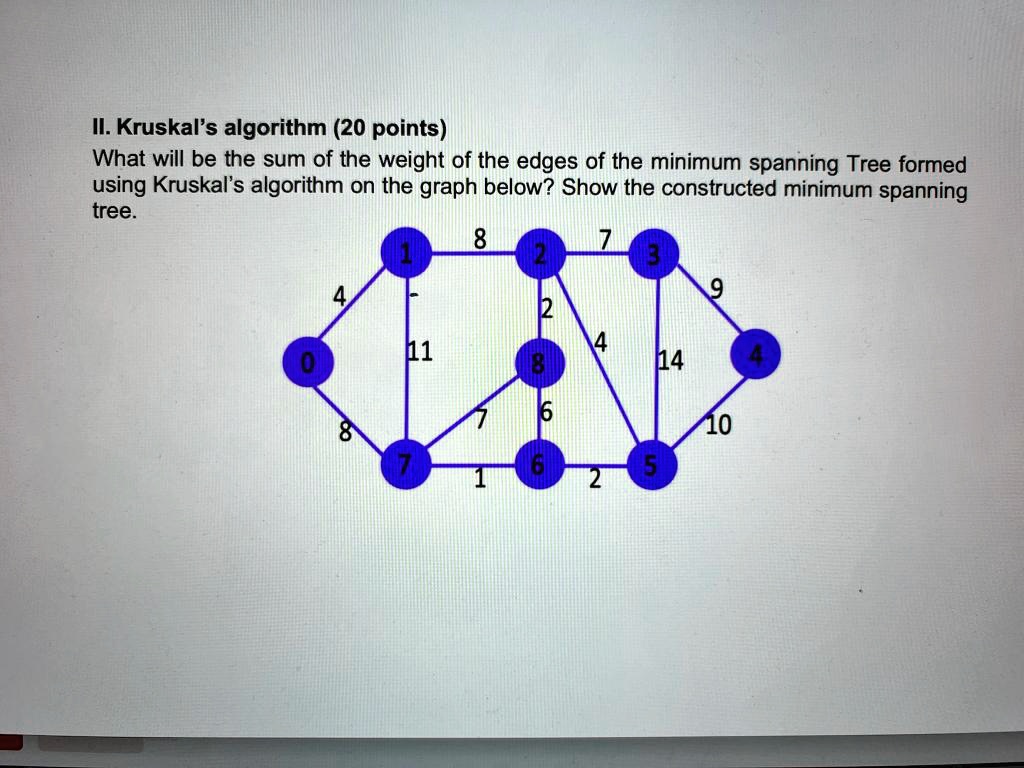 SOLVED: Q3 II. Kruskal's algorithm (20 points) What will be the sum of ...