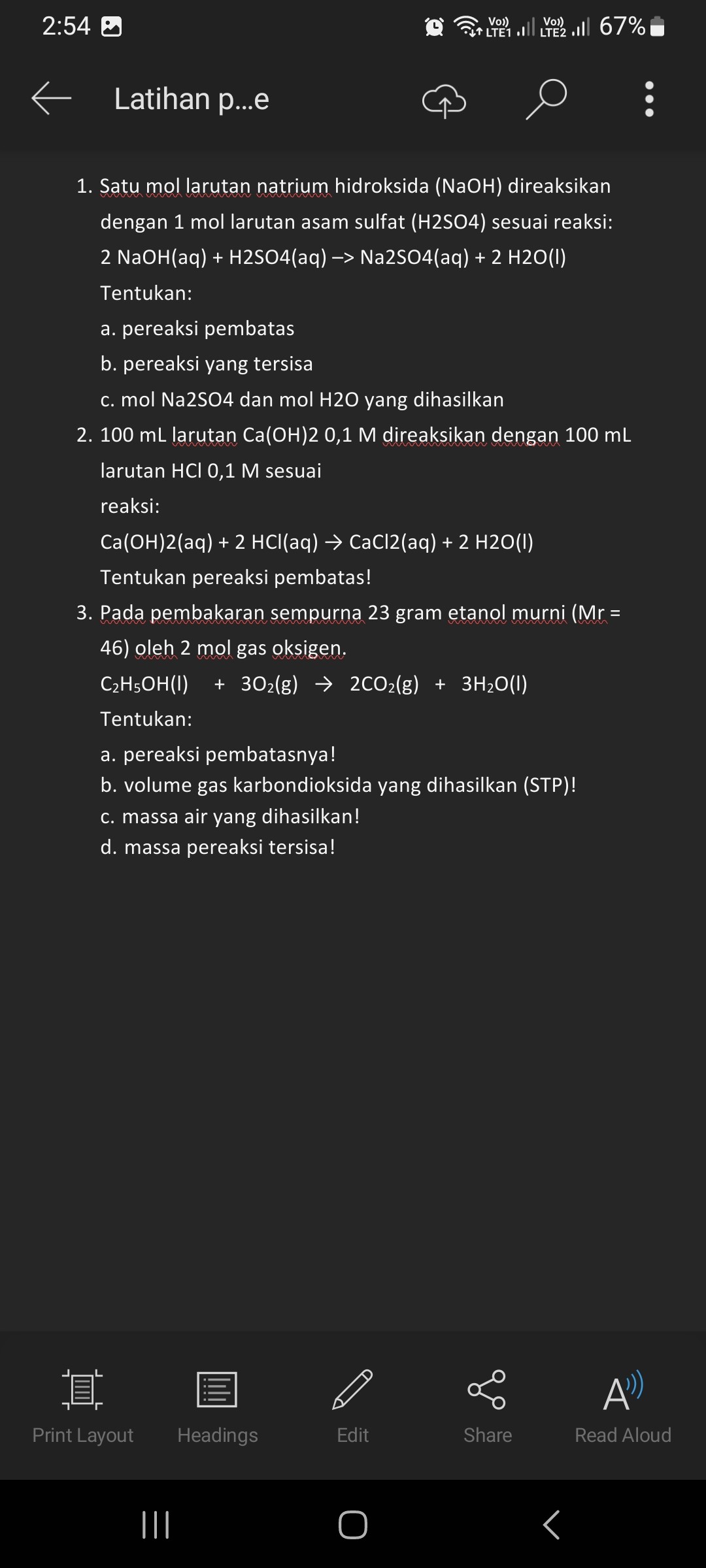 SOLVED: 2:54 ← Latihan p...e ρ 1. Satu mol larutan natrium hidroksida ...