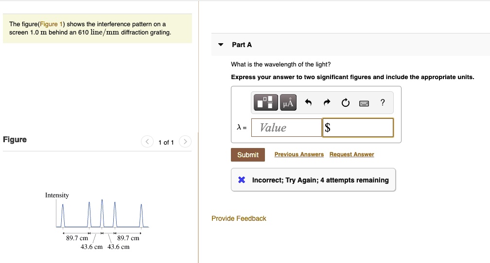 The figure(Figure 1) shows the interference pattern on a screen 1.0 m behind an 610 line/mm ...