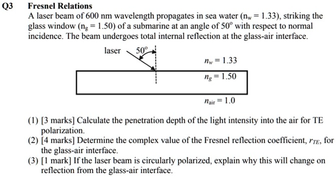SOLVED: Fresnel Relations A laser beam of 600 nm wavelength propagates ...