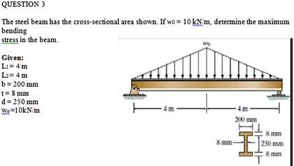 QUESTION 3 The steel beam has the cross-sectional area shown. If wo = 10 kN/m, determine the ...