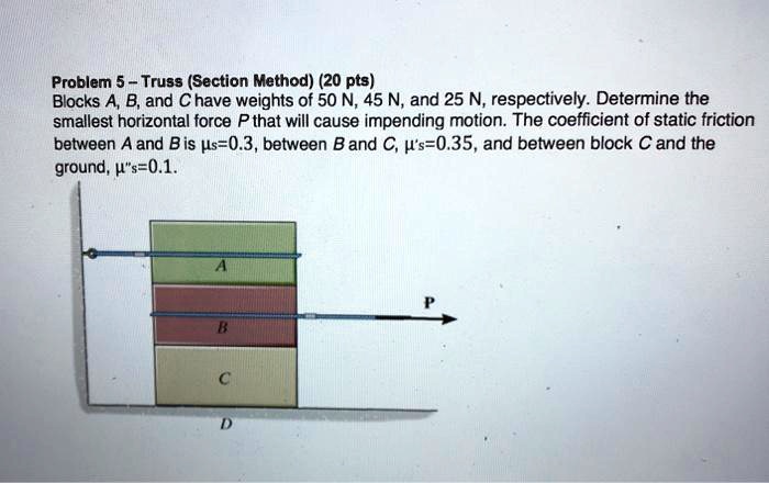 SOLVED: Problem 5 Truss (Section Method) (20 pts) Blocks A, B, and C have weights of 50 N, 45 N ...