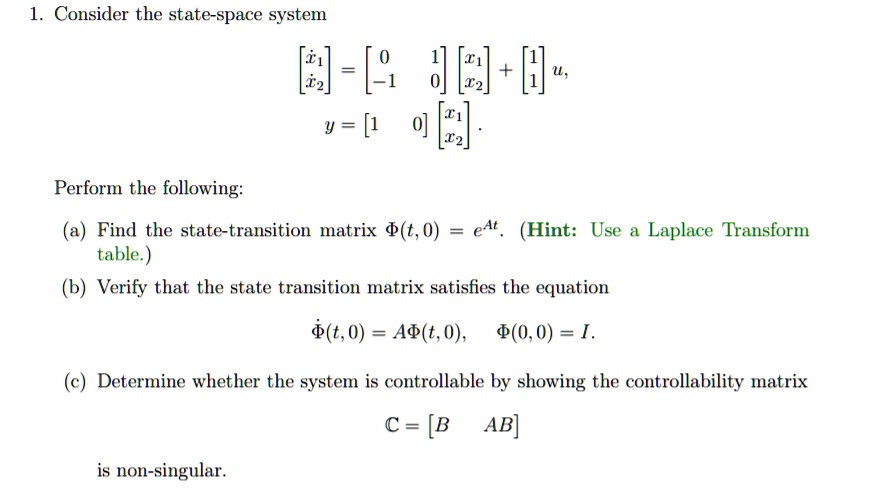 Solved Consider The State Space System ẋ Ax Bu Y Cx Perform The Following A Find The