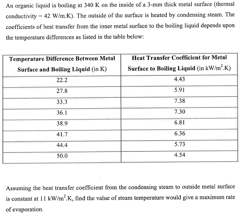 SOLVED: An organic liquid is boiling at 340 K on the inside of a 3-mm thick metal surface ...