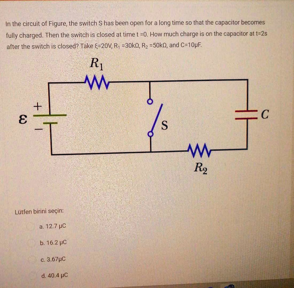 SOLVED: In the circuit of Figure, the switch S has been open for a long ...
