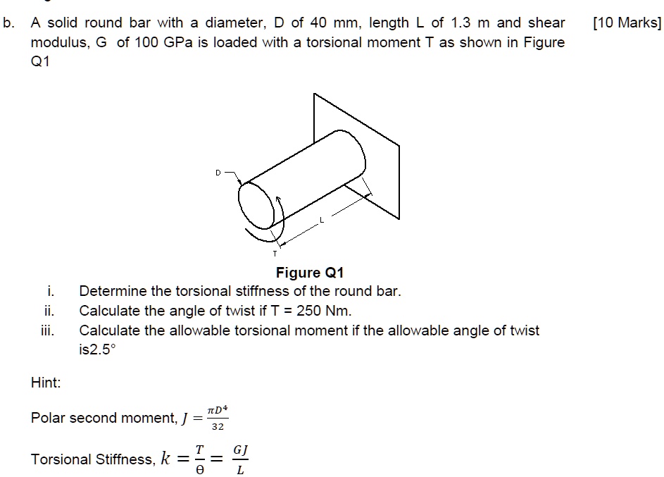 SOLVED: A solid round bar with a diameter, D, of 40 mm, a length, L, of ...