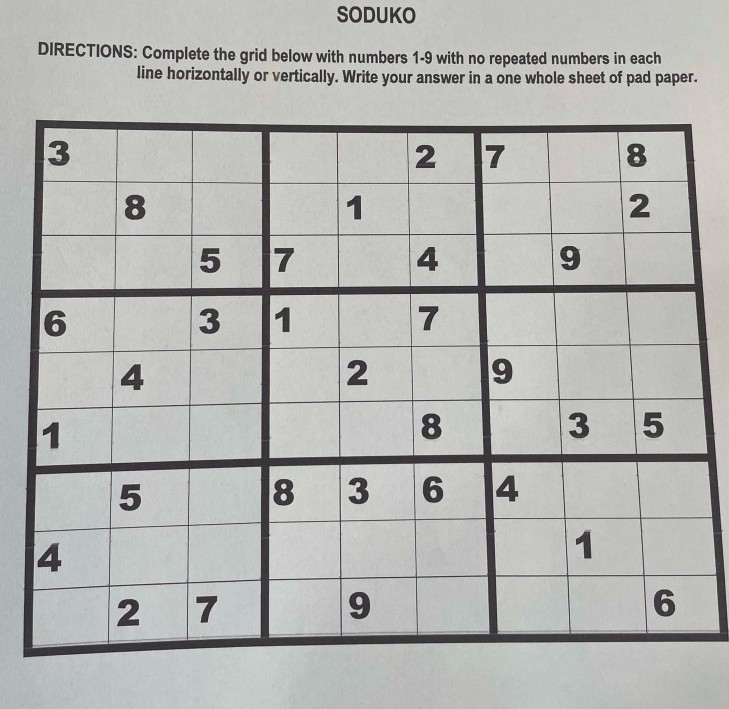 SODUKo DIRECTIONS: Complete the grid below with numbers 1-9 with no repeated numbers in each ...