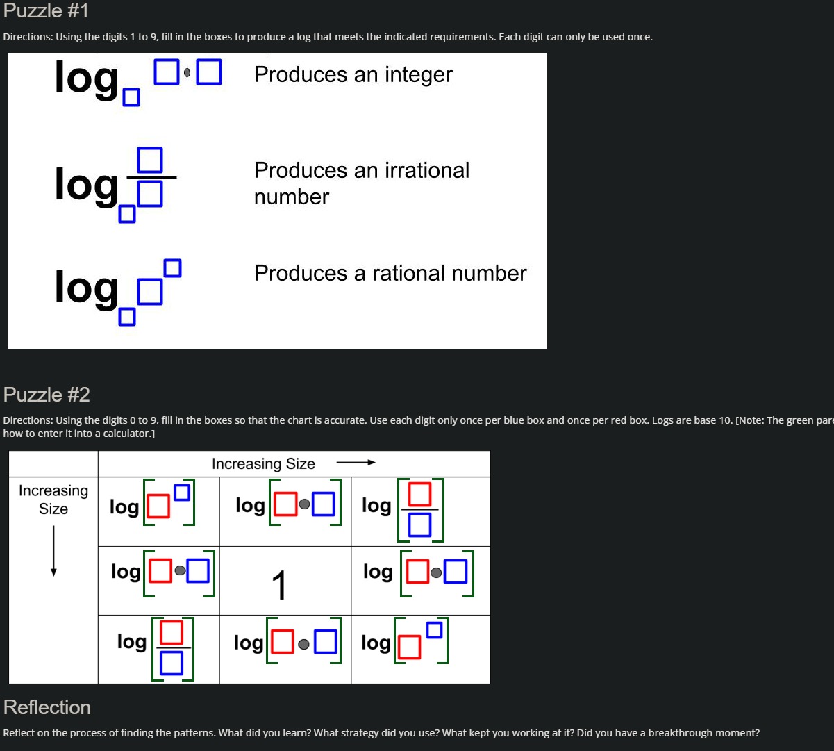 Puzzle #1 Directions: Using the digits 1 to 9 , fill in the boxes to produce a log that meets ...