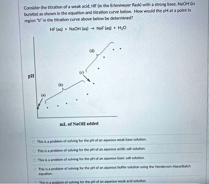 SOLVED: weak acid, HF (in the Erlenmeyer flask) with strong base; NaOH (in Consider the ...