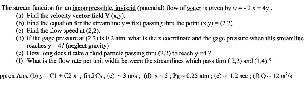 SOLVED: The stream function for an incompressible, inviscid (potential ...