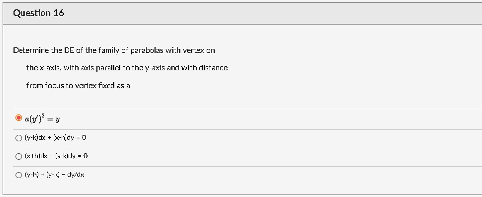 SOLVED: Determine the DE of the family of parabolas with vertex on the x-axis, with axis ...