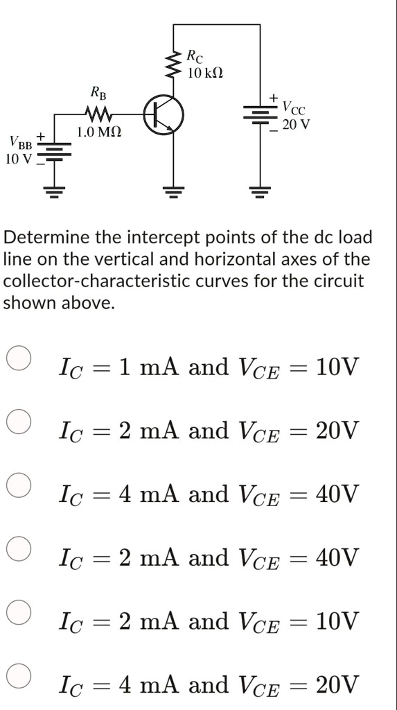 RC 10k RB W 1.0M Vcc 20 V VBB 10V Determine the intercept points of the DC load line on the ...