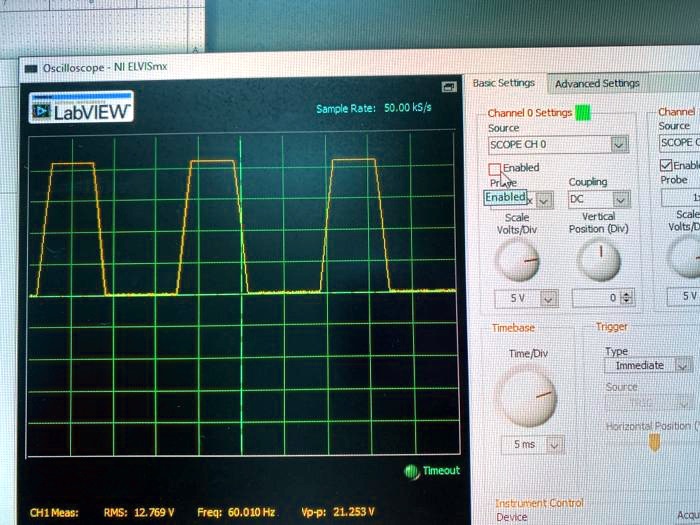Oscilloscope - NI ELVISmx LabVIEW Sample Rate: 50.00 kS/s CH1 Meas: RMS ...