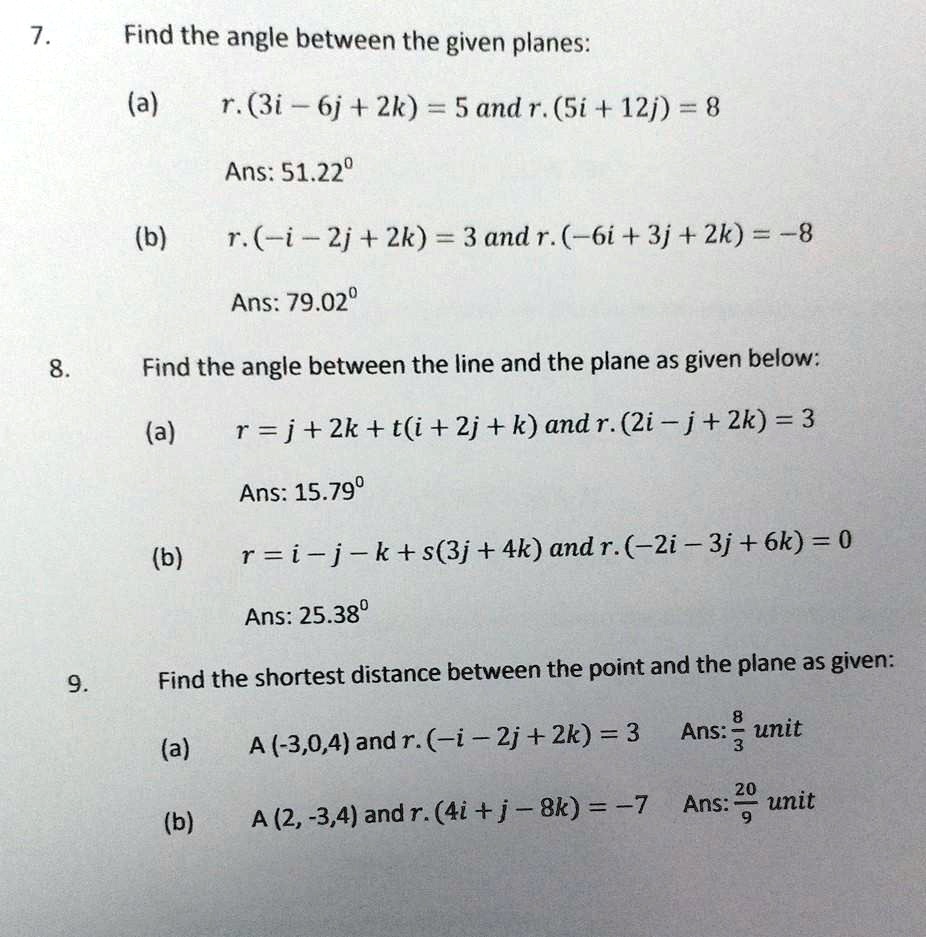 SOLVED: Find the angle between the given planes: 7 (a) r.(3i 6j + Zk ...
