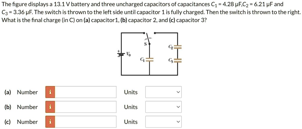 the figure displays a 131 v battery and three uncharged capacitors of ...