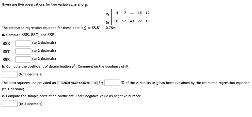 SOLVED: Given are five observations for two variables x and y: 50 57 43 22 The estimated ...