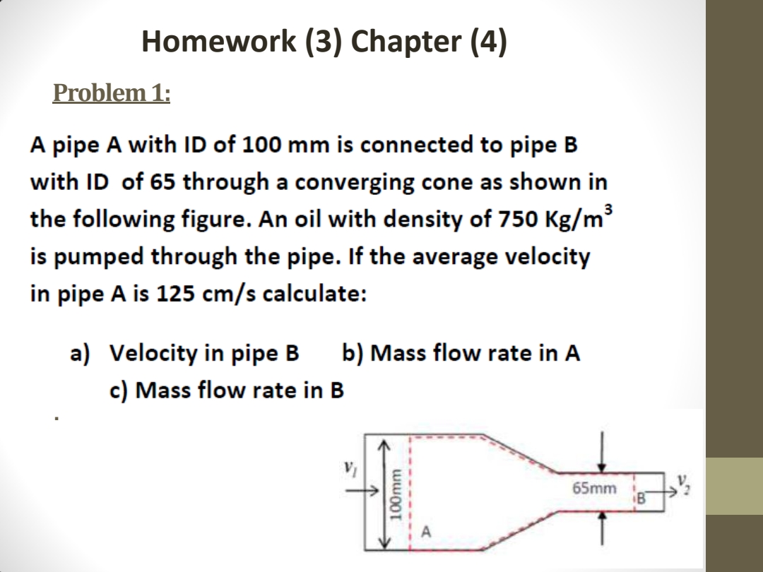Homework (3) Chapter (4) Problem 1: A pipe A with ID of 100 mm is connected to pipe B with ID of ...