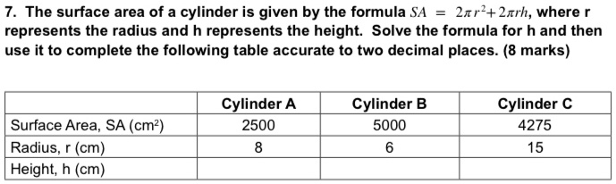 7. The surface area of a cylinder is given by the formula SA = 2π r^2 ...