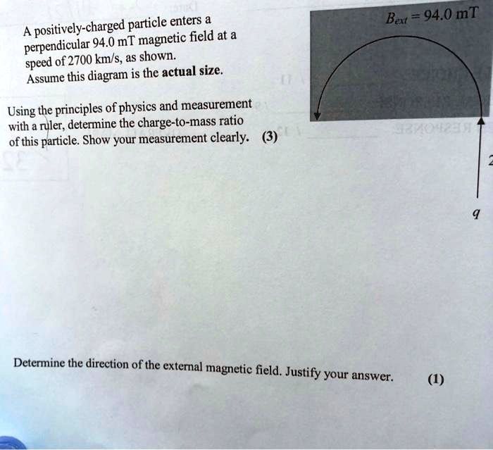 positively charged particle enters a 940 mt magnetic field at a ...