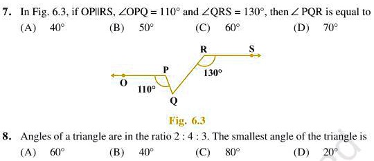 7. In Fig. 6.3, if OP||RS, ∠OPQ = 110^∘ and ∠QRS = 130^∘, then ∠PQR is equal to (A) 40^∘ (B) 50 ...