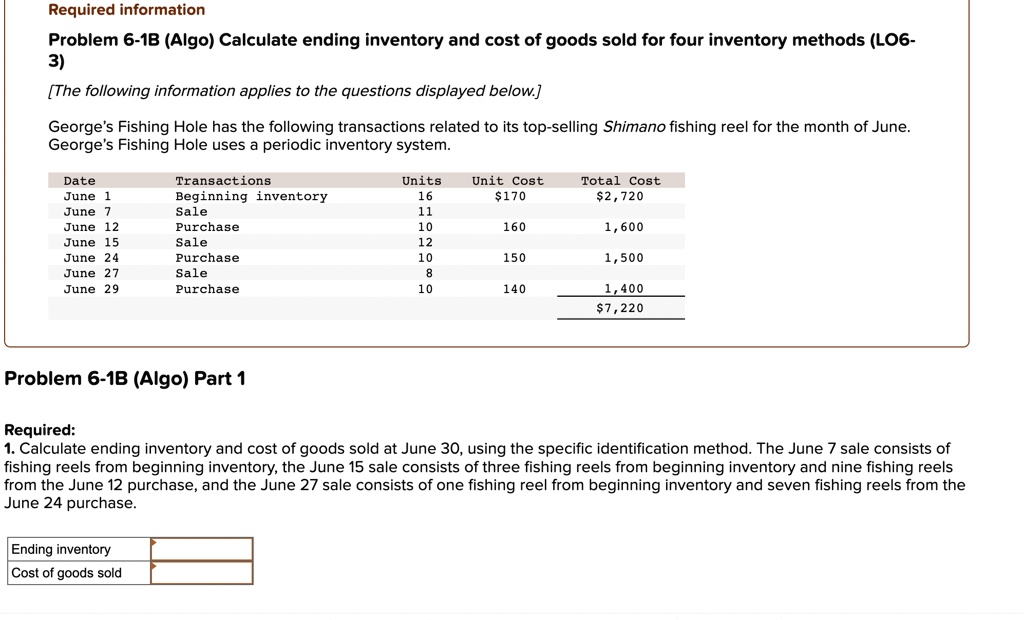 SOLVED: Required information Problem 6-1B (Algo) Calculate ending inventory and cost of goods ...