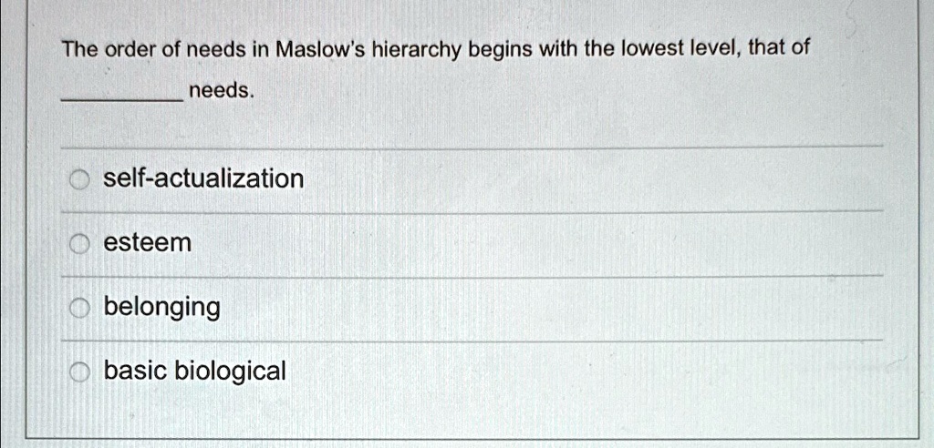 The order of needs in Maslow's hierarchy begins with the lowest level, that of needs. self ...