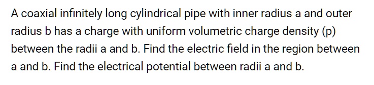 SOLVED: A coaxial infinitely long cylindrical pipe with inner radius a ...