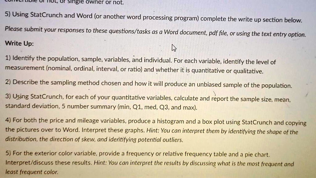 Solved Using Statcrunch And Word Or Another Word Processing Program Complete The Write Up 5802