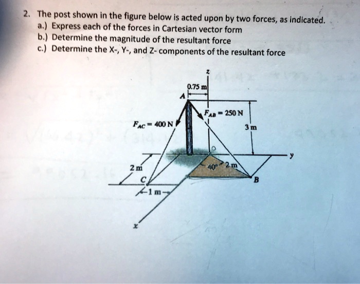 SOLVED: The post shown in the figure below s acted upon by two forces ...