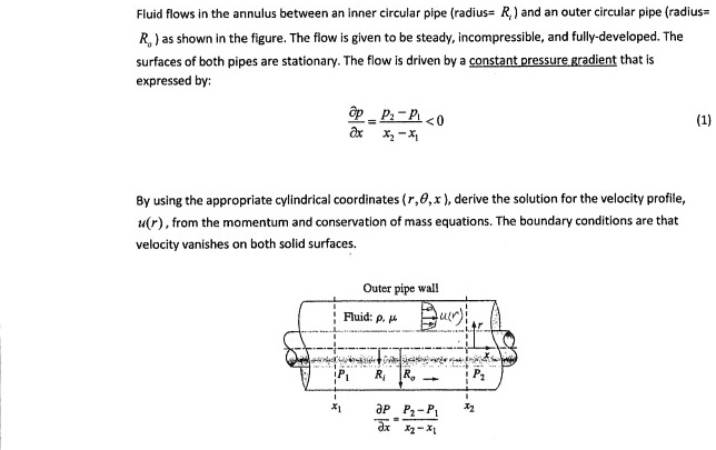 Fluid flows in the annulus between an inner circular pipe (radius = R) and an outer circular ...