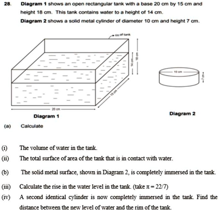 SOLVED: Text: 28. Diagram 1 shows an open rectangular tank with a base ...