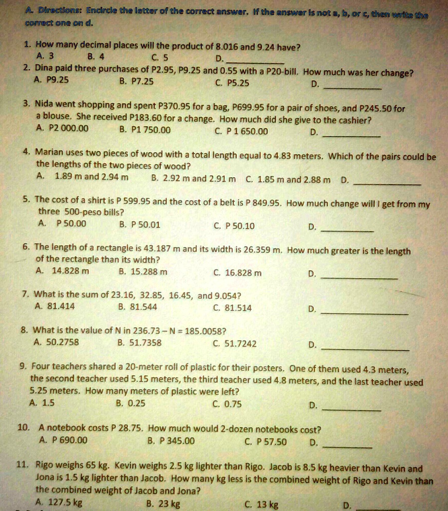 SOLVED: Encircle the letter of the correct answer. If the answer is not a, b, or c, then write ...