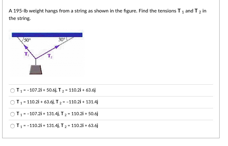 a 195 ib weight hangs from string as shown in the figure find the tensions t and t 2 in the ...