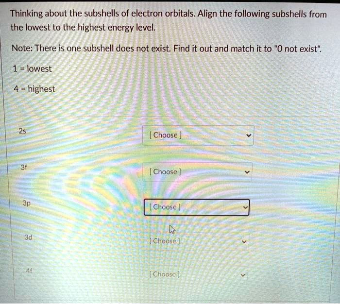 SOLVED:Thinking about the subshells of electron orbitals. Align the following subshells from the ...