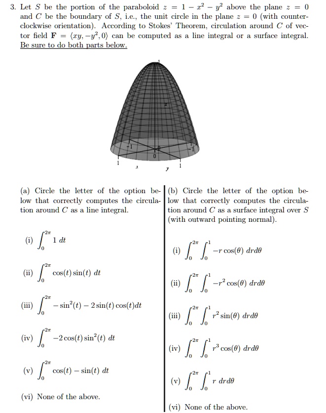SOLVED: Let S be the portion of the paraboloid =1 -r2 above the plane ...