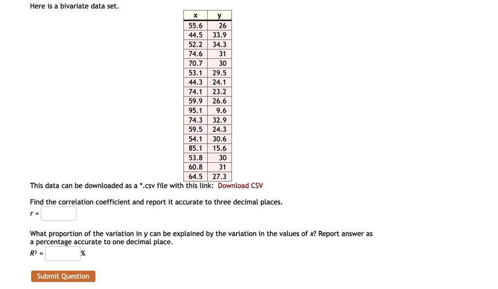 Solved Here Is A Bivariate Data Set This Data Can Be Downloaded As A Csv File With This Link