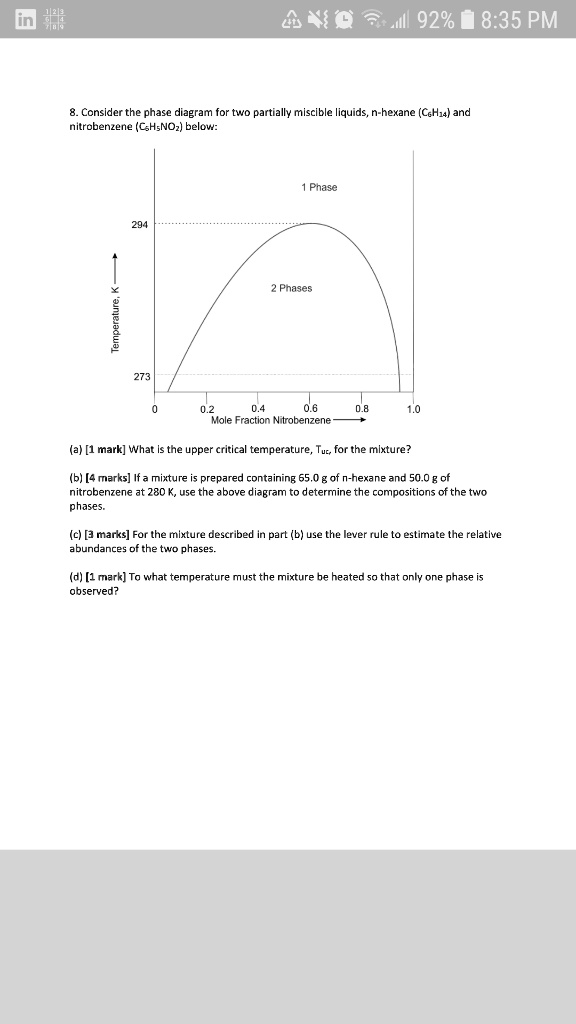 8. Consider the phase diagram for two partially miscible liquids, n-hexane (C6H14) and ...