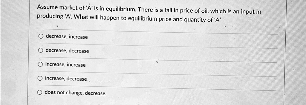 SOLVED: Assume the market of 'A' is in equilibrium. There is a fall in the price of oil, which ...