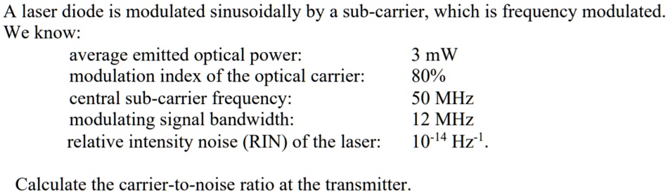 A laser diode is modulated sinusoidally by a sub-carrier, which is ...