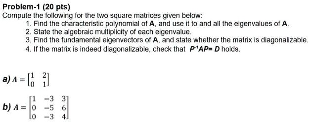 Problem-1 (20 pts) Compute the following for the two square matrices given below: 1. Find the ...