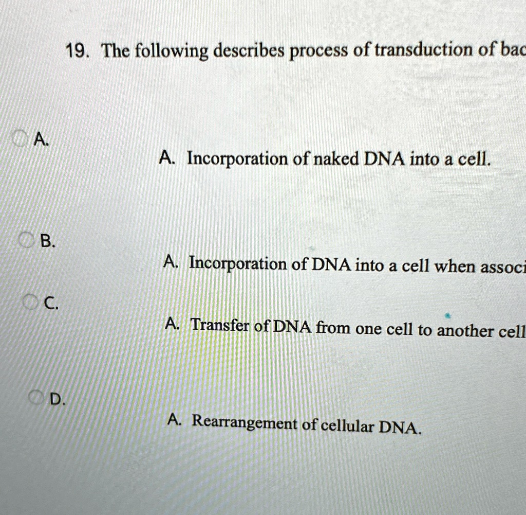SOLVED: The following describes the process of transduction of bacteria ...