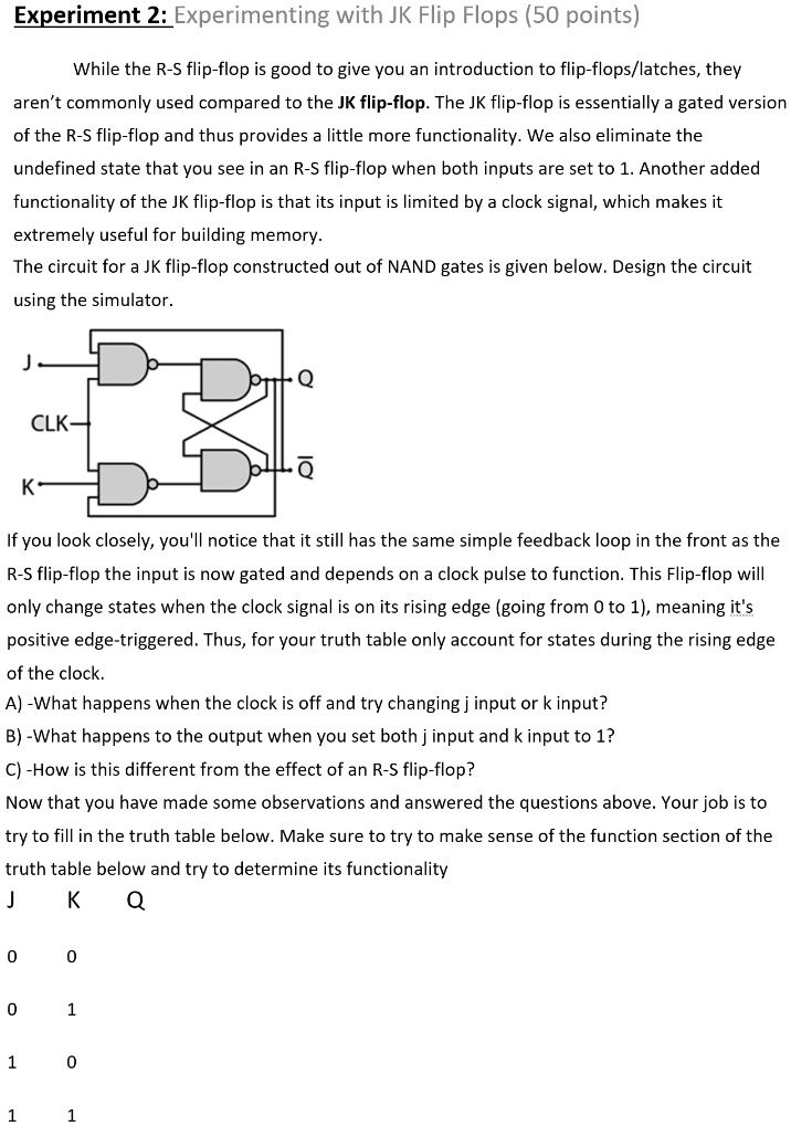SOLVED: Experiment 2: Experimenting with JK Flip Flops (50 points ...