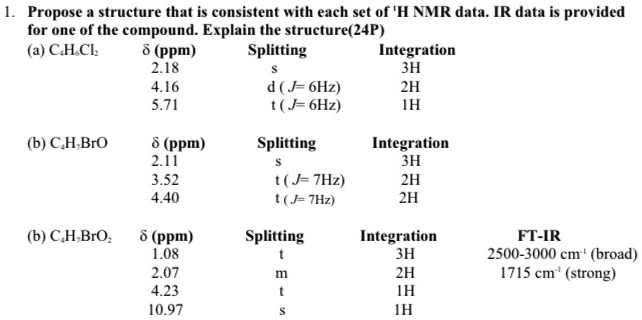 SOLVED: Propose structure that is consistent with each set of 'H NMR data. IR data is provided ...